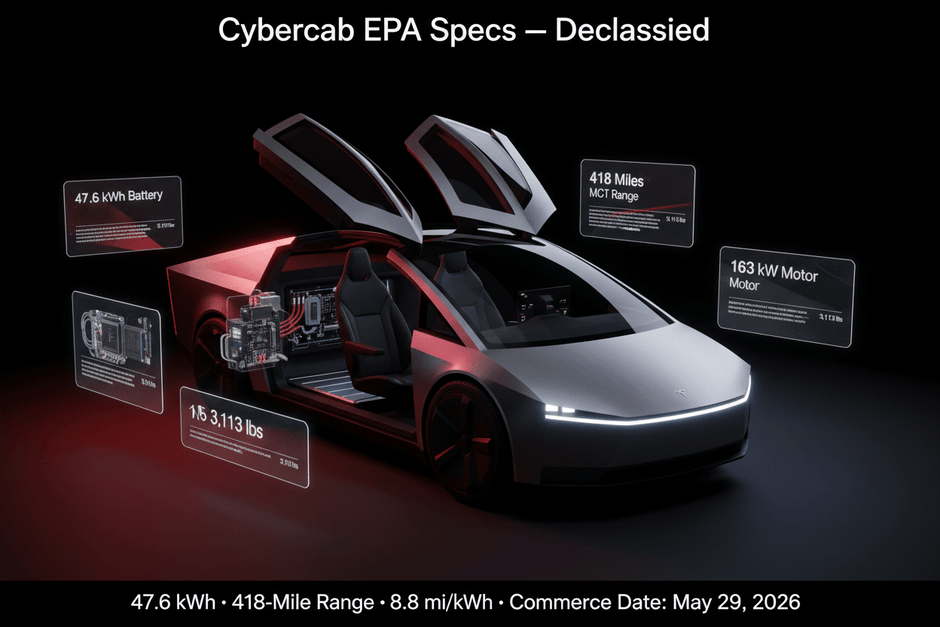 Tesla Cybercab EPA Specs 2026: 47.6 kWh Battery, 418-Mile Range, 3,113 ...