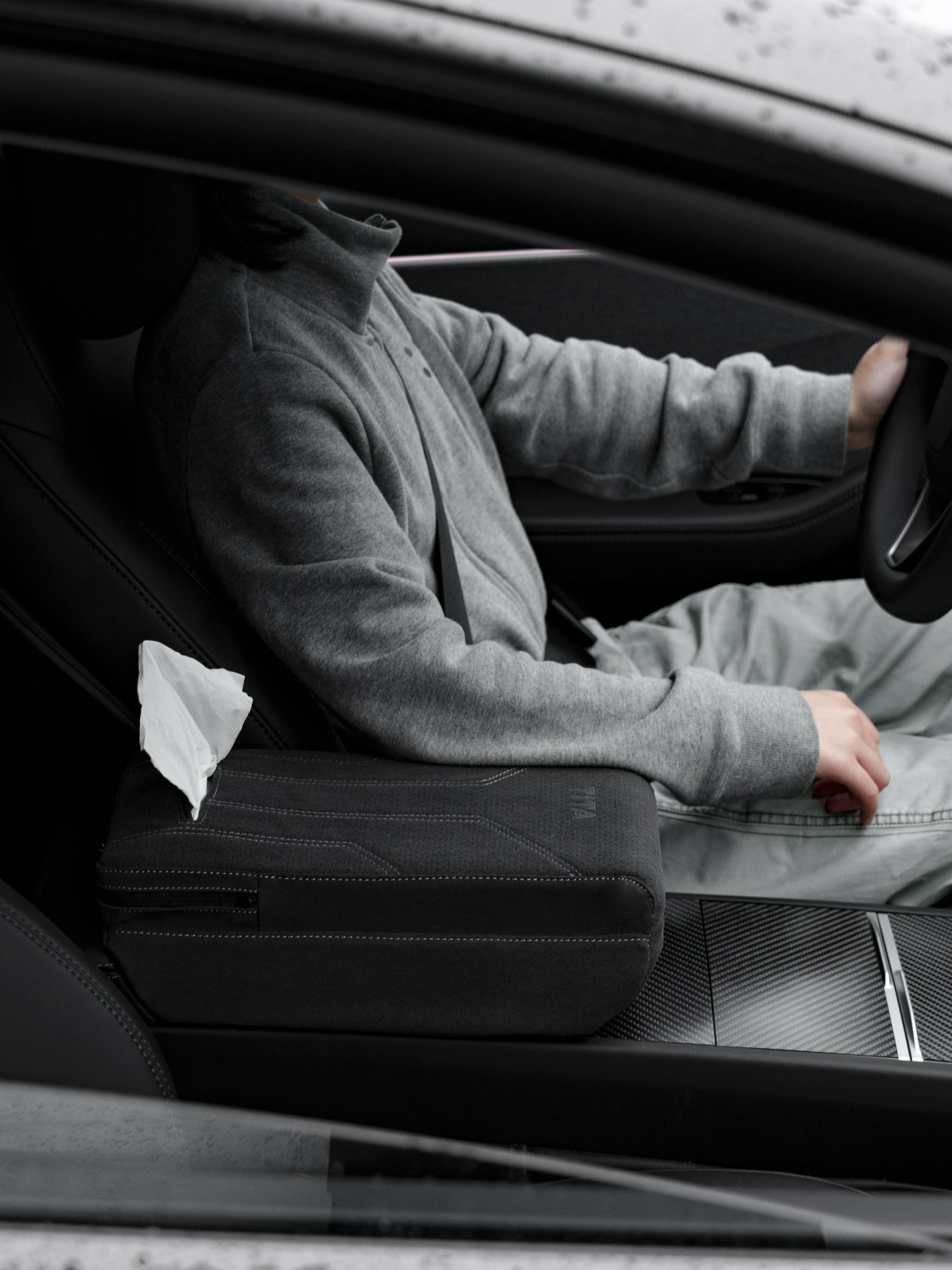 Suede Armrest Cover with Raised Pad & Tissue Box for Model Y Juniper