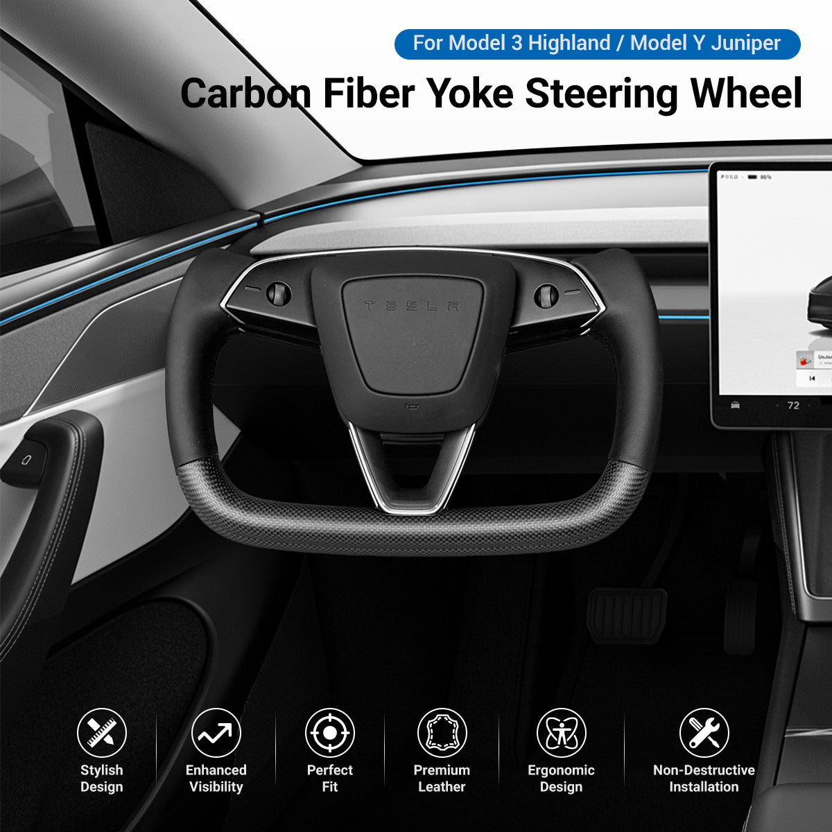 Carbon Fiber Heated Yoke Steering Wheel for Model 3 Highland & Model Y ...