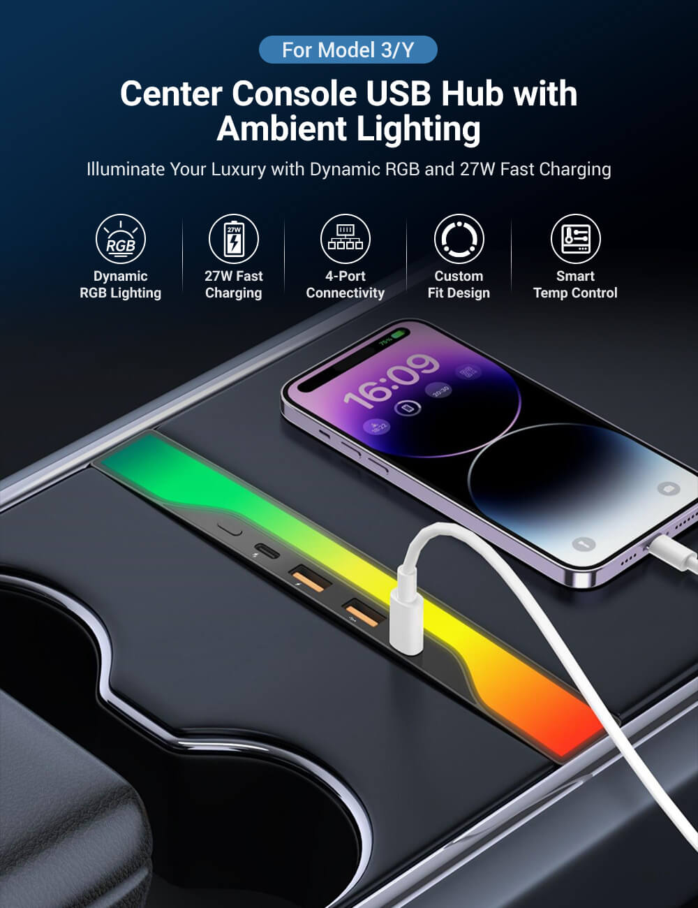 Tesla Model 3/Y Center Console USB Hub with Ambient Lighting